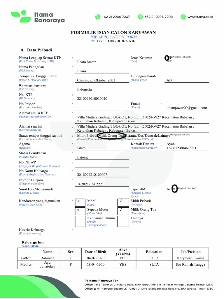 FD - hig.HC.07A.a.02 Form Isian Calon Karyawan | PDF