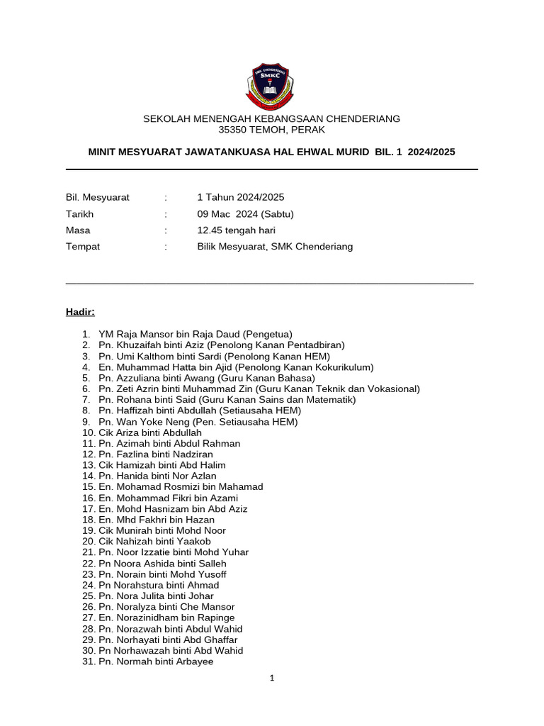 Minit Mesyuarat Hem Bil 1 Tahun 2024 | PDF