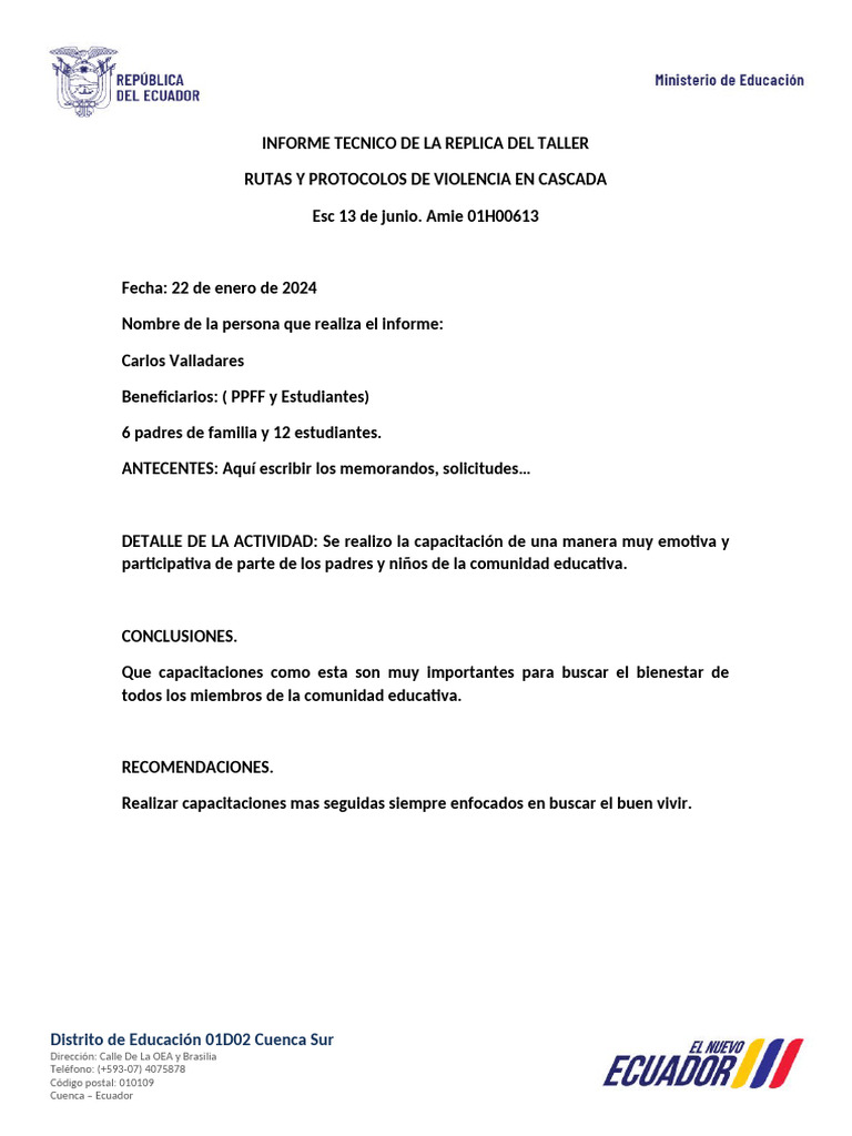 Formato para Remitir Informe de Taller de Rutas y Protocolos | PDF