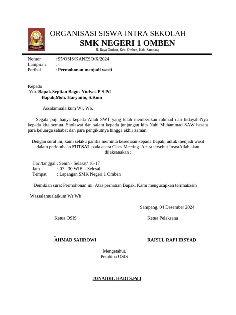 Surat Permohonan Wasit.2024 | PDF