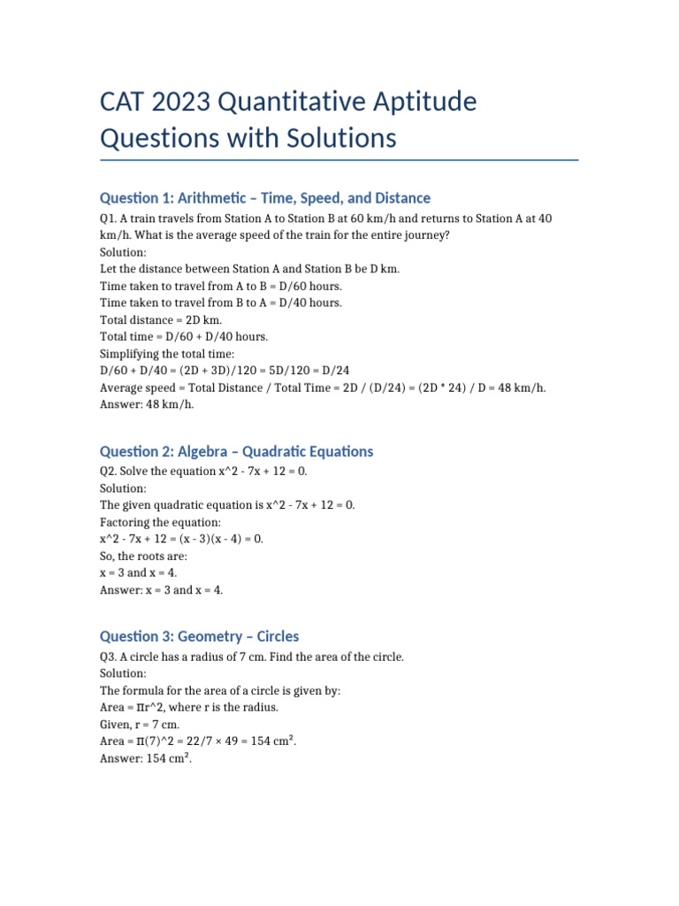 CAT 2023 QA Questions With Solutions | PDF