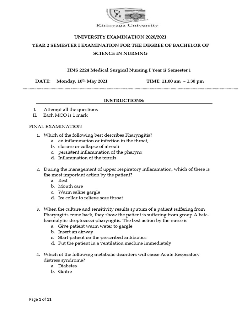 Medical Surgical Nursing Exam | PDF | Lung | Gastroesophageal Reflux ...