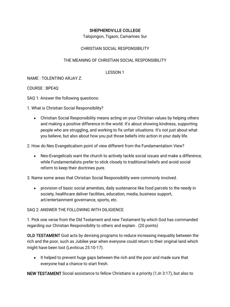Christian Social Responsibility Lesson 1 | PDF | Christian ...