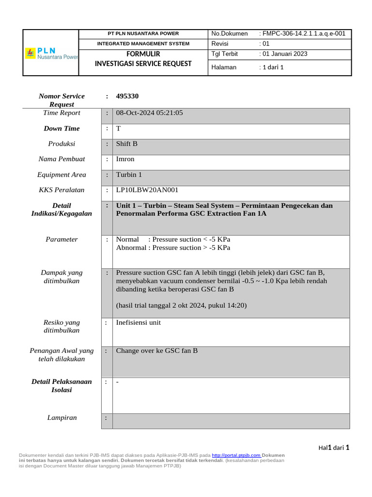 Unit1–Turbin–SteamSealSystem–PermintaanPengecekandanPenormalanPerformaGSCExtractionFan1A | PDF