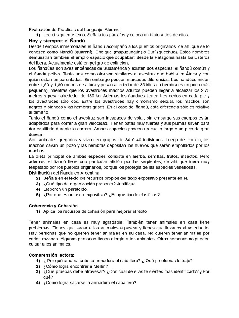 Evaluación de Prácticas Del Lenguaje 2do | PDF | Aves