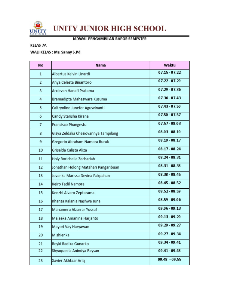 Jadwal Bagi Rapor Sem 1 | PDF