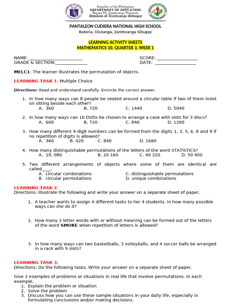 Learning Activity Sheets - G10 - Quarter 3 | PDF | Probability | Permutation