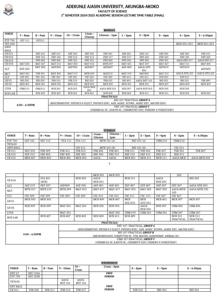 v2 Lecture Timetable 2024 2025 1st Sem | PDF | Physical Sciences