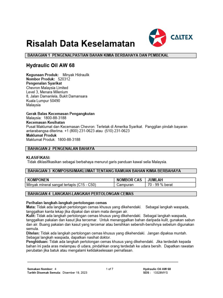 Risalah Data Keselamatan Minyak Hidraulik 68 | PDF