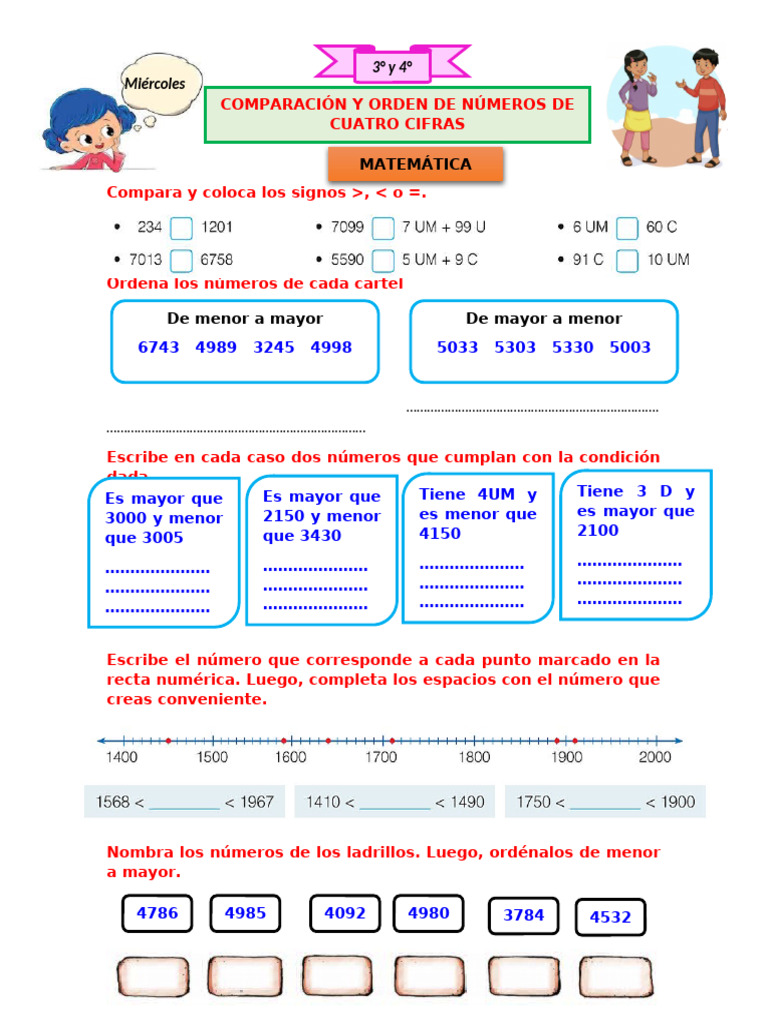 3° y 4° Mièrcoles 27 Ficha 5-M-COMPARACIÓN Y ORDEN NUMEROS DE CUATRO ...