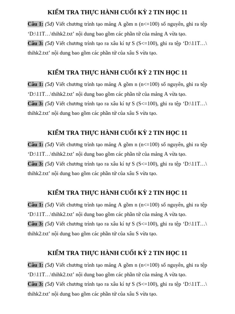 De Kiem Tra Thuc Hanh Học Kỳ 2 Tin Học 11 | PDF