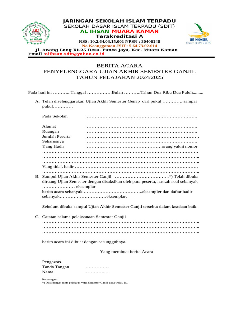 Berita Acara Pas Ganjil 2024 | PDF