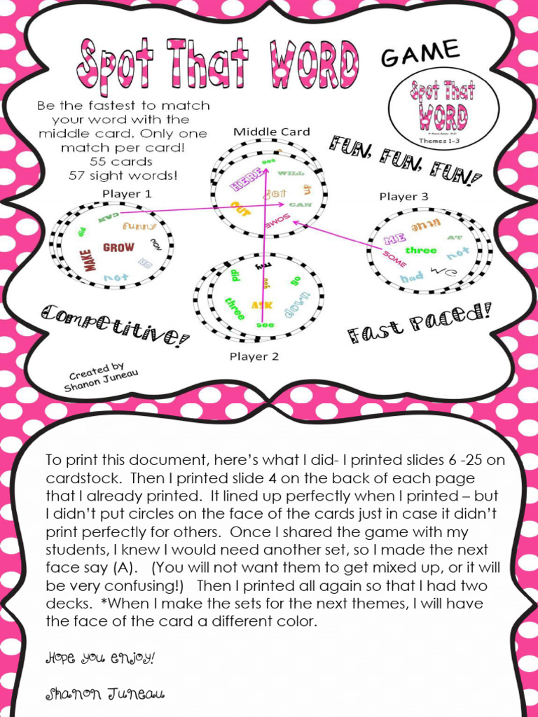 High-Frequency Word Card Game Guide | PDF