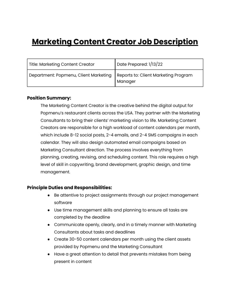 Marketing Content Creator Job Description | PDF | Marketing | Business