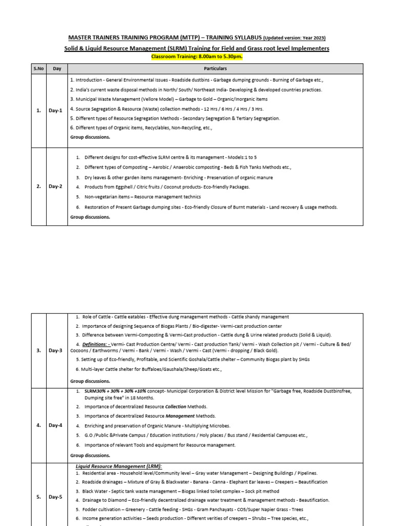 SLRM - MTTP - 10 Days Training Schedule | PDF | Municipal Solid Waste | Manure