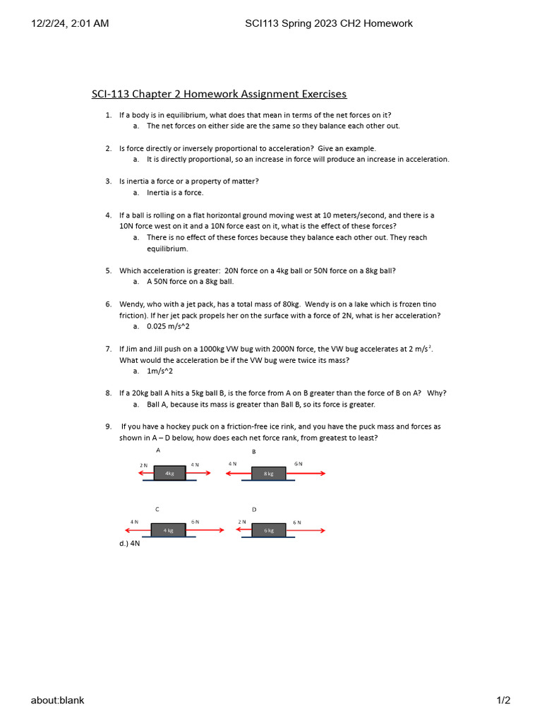 SCI113 Spring 2023 CH2 Homework | PDF | Force | Mechanics