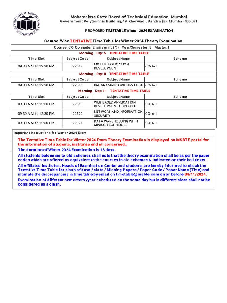 Time Table for Winter 2024 Theory Examination | PDF