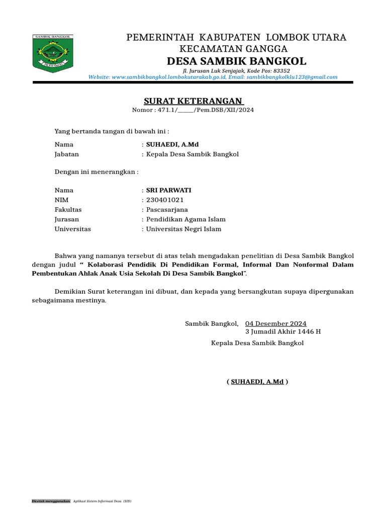 Surat Ketengan Penelitian | PDF