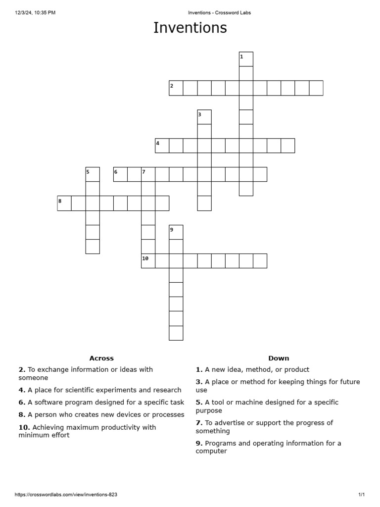 10D0 - Inventions - Crossword Labs | PDF