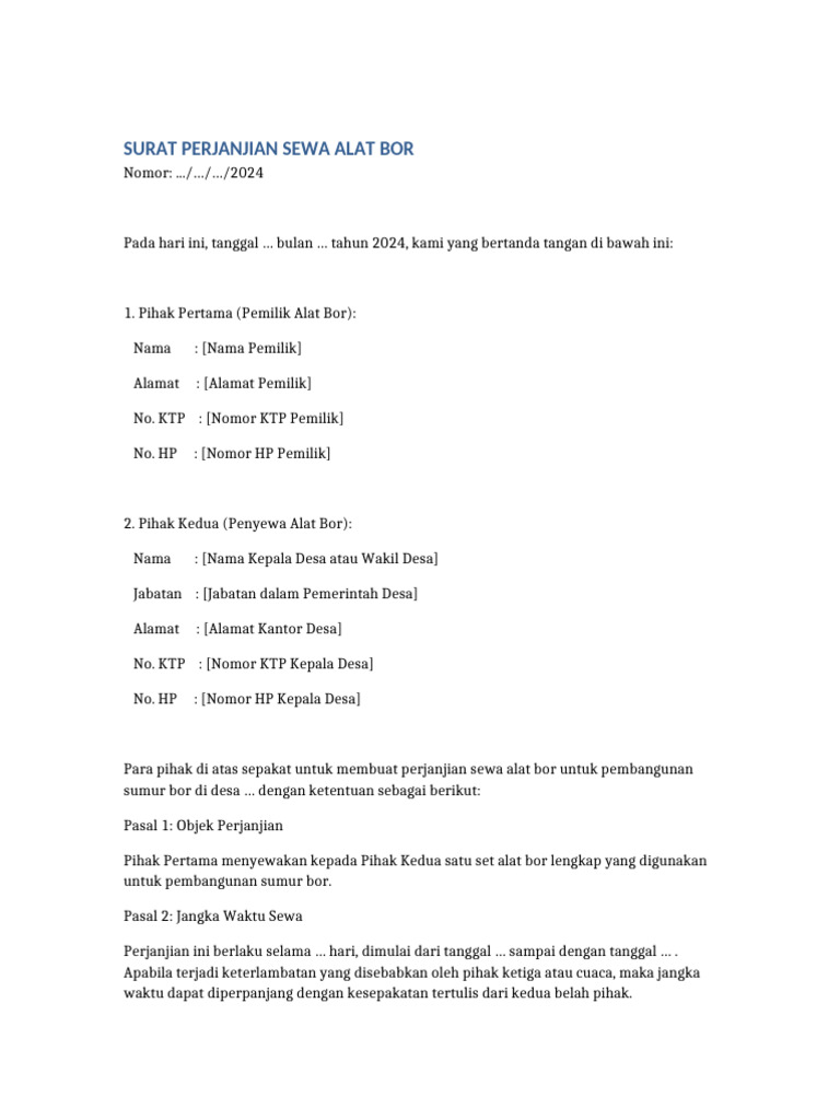 Surat Perjanjian Sewa Alat Bor | PDF