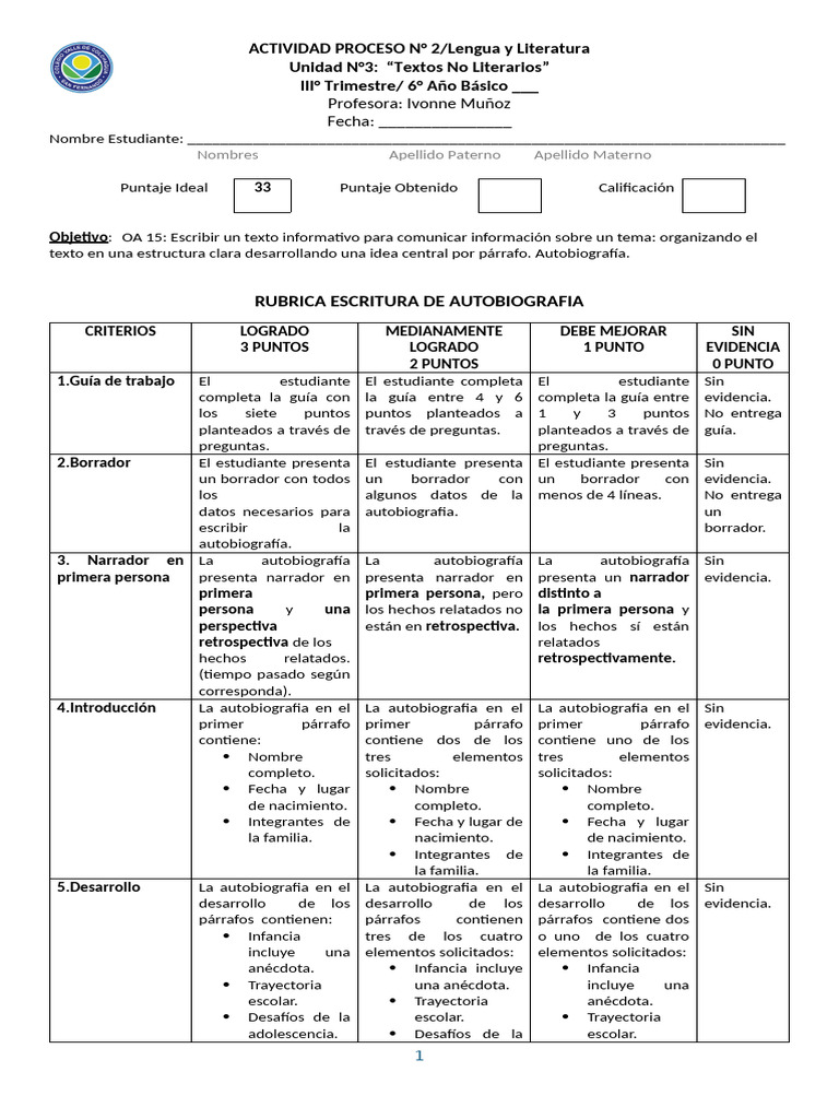 Actividad Proceso 2 - Leng 6 - Rubrica | PDF