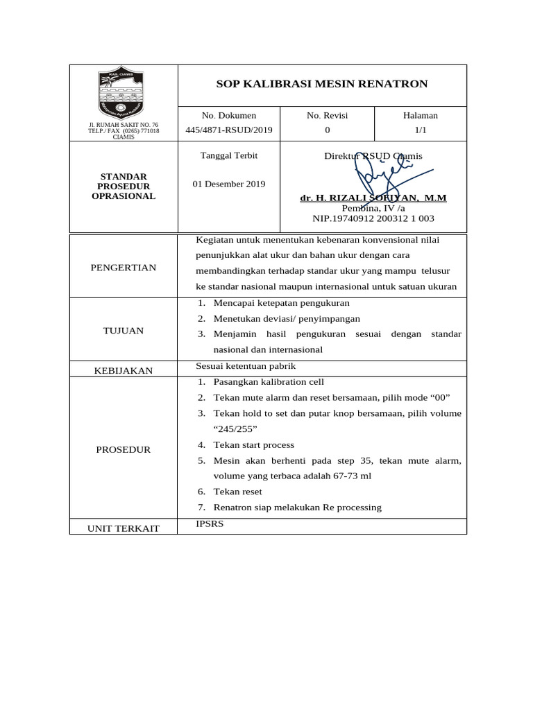 SOP Kalibrasi Mesin Renatron RSUD Ciamis | PDF