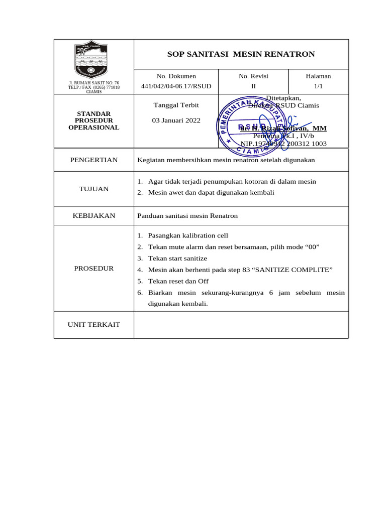 43 Sop Sanitasi Mesin Renatron | PDF