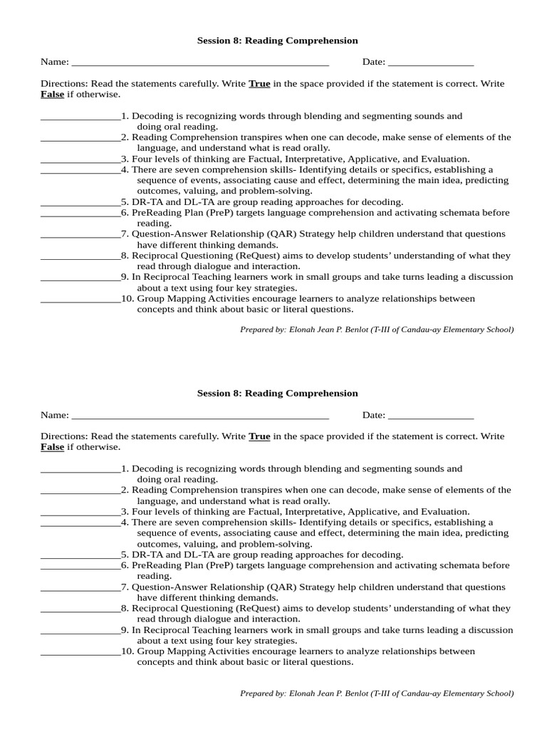 Reading Comprehension Assessment Guide | PDF | Reading Comprehension ...