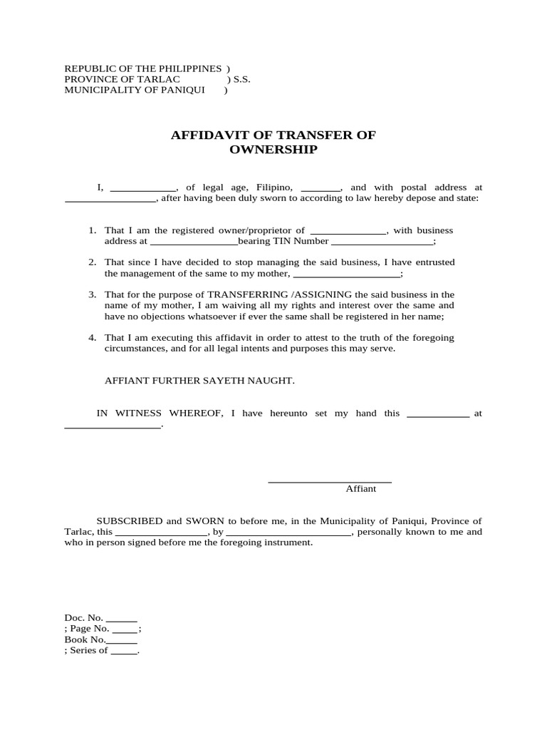 Affidavit of Transfer of Ownership Sample PDF Free | PDF
