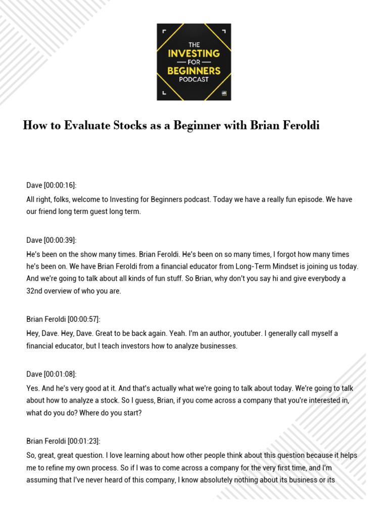 How-to-Evaluate-Stocks-as-a-Beginner-with-Brian-Feroldi-1 | PDF ...