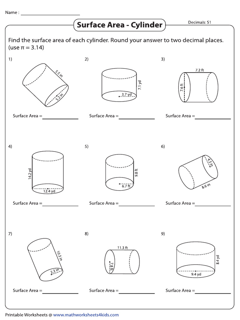 Cylinders surface area worksheet decimals | PDF