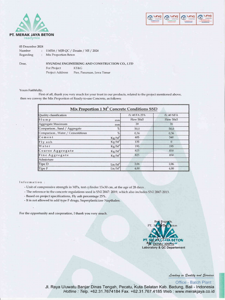 JMF - HYUNDAI ENGINEERING. FC40 FA 25% & NFA SLUMP FLOW 50+-5. AGG 20MM | PDF | Secondary Sector ...