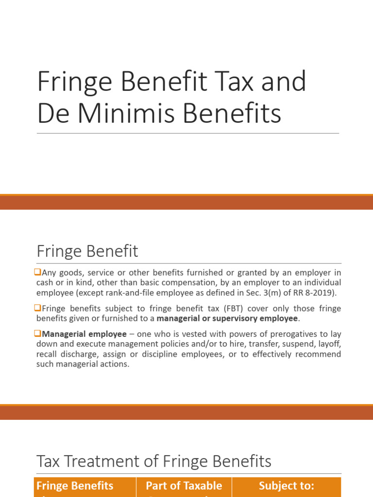 Fringe Benefit Tax and De Minimis Benefits Guide | PDF | Employee ...