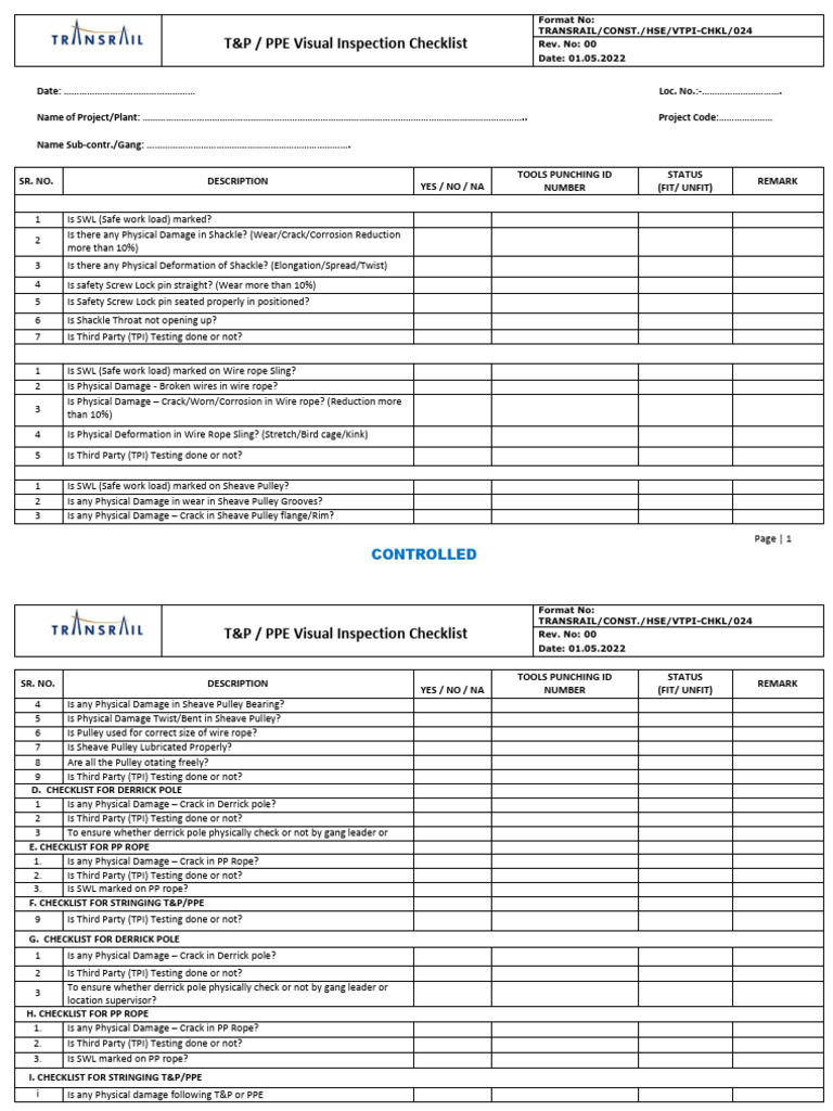 T&P & PPE Visual Inspection Checklist | PDF | Rope | Machines
