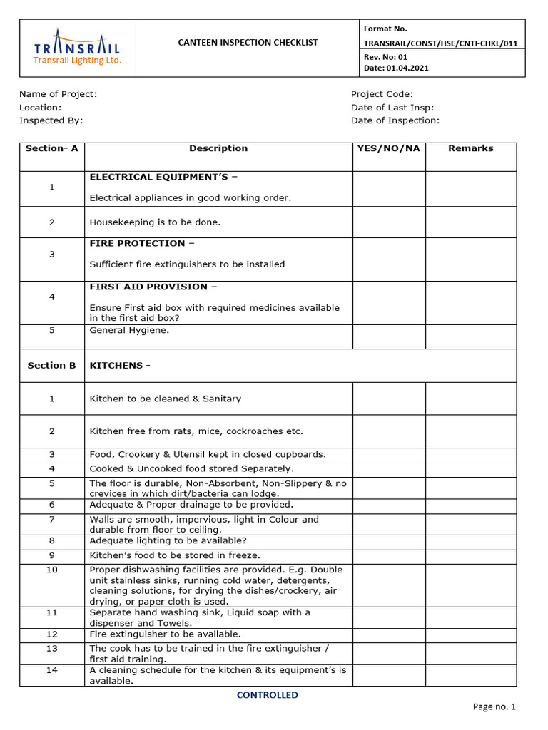 Canteen Inspection Checklist | PDF | Kitchen | Home