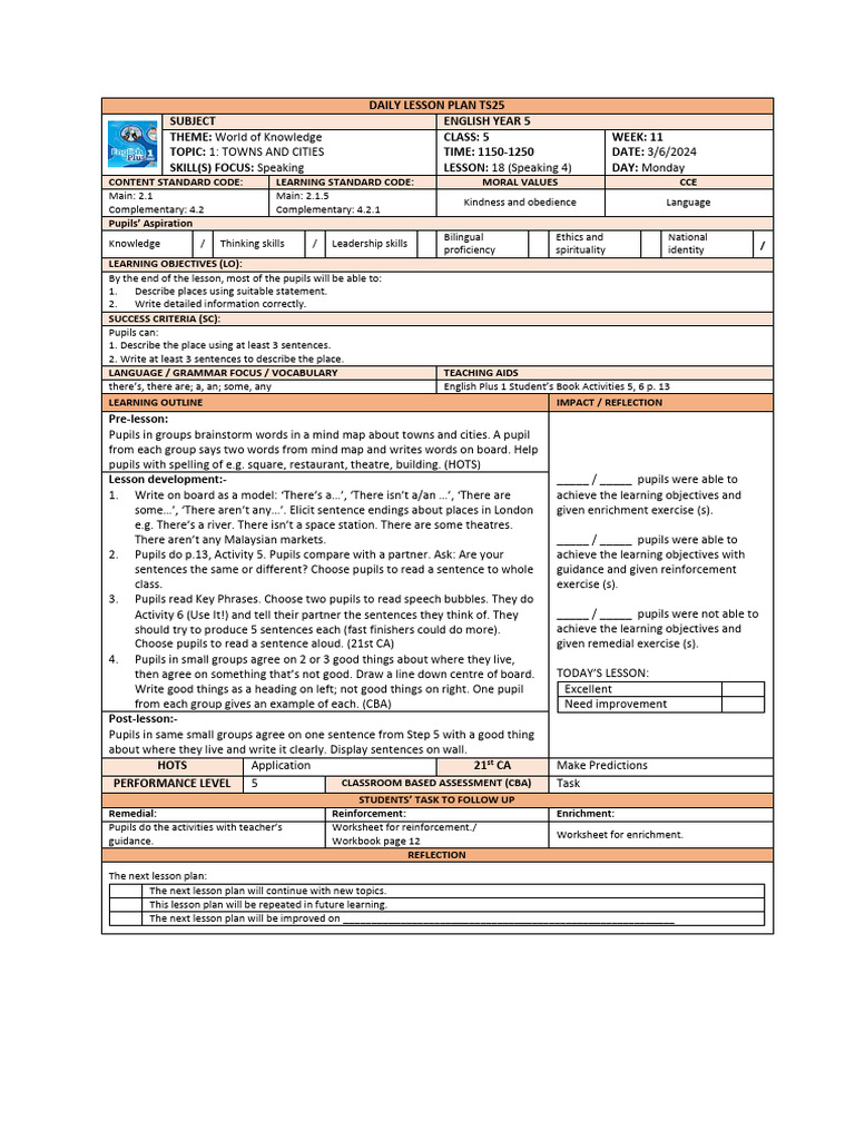Daily Lesson Plan TS25 | PDF | Lesson Plan | Learning