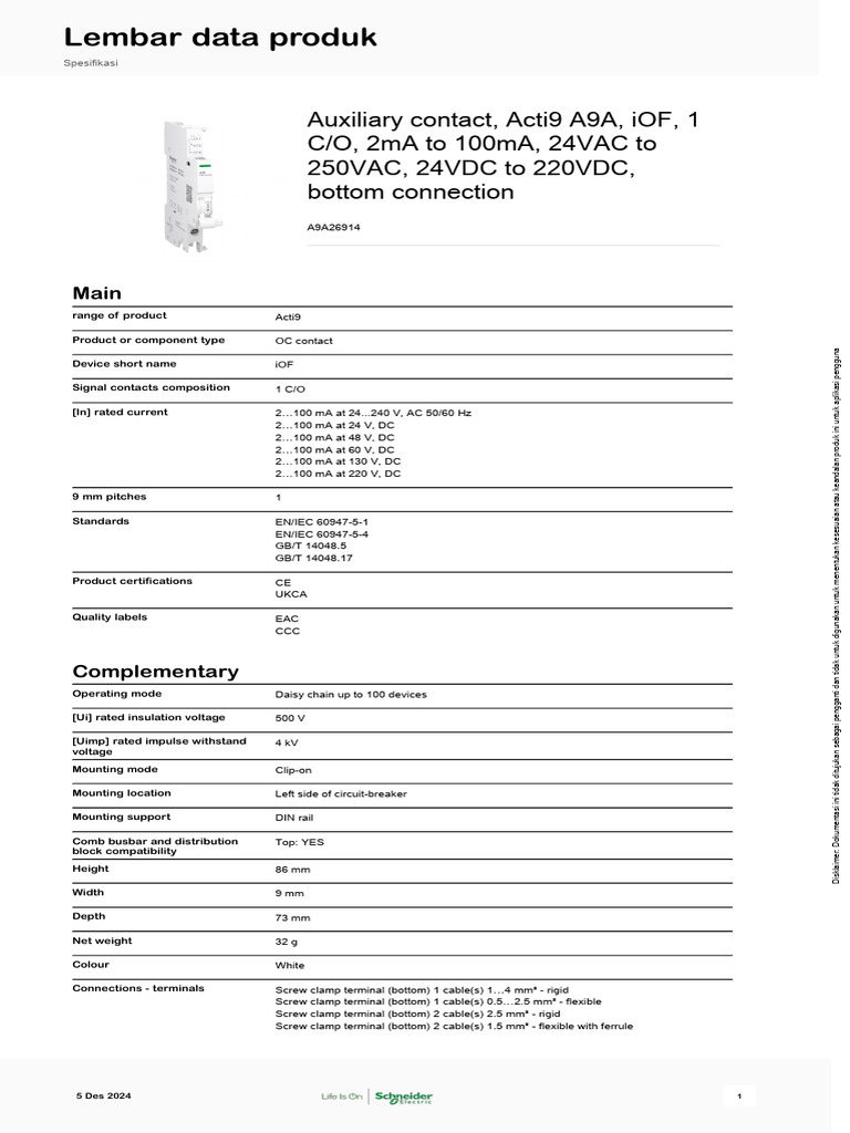 Electrical Engineers: Acti9 iOF Specs | PDF | Electrical Equipment | Electromagnetism