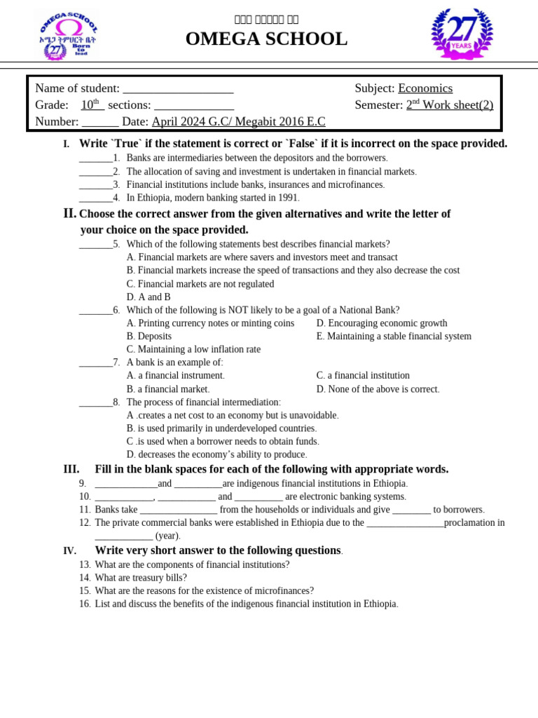 G-10 Economics Second Semester Worksheet 2 | PDF | Financial Markets ...