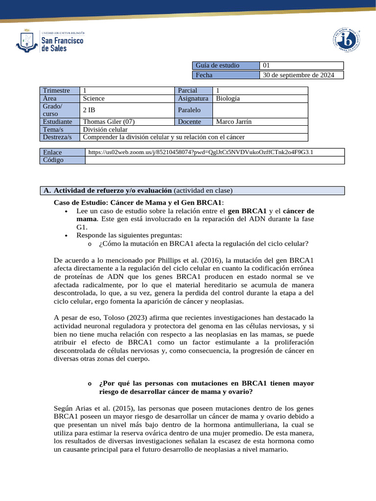 Thomas Giler - 2102024 - Taller de Cáncer | PDF | Cáncer | Cáncer de mama