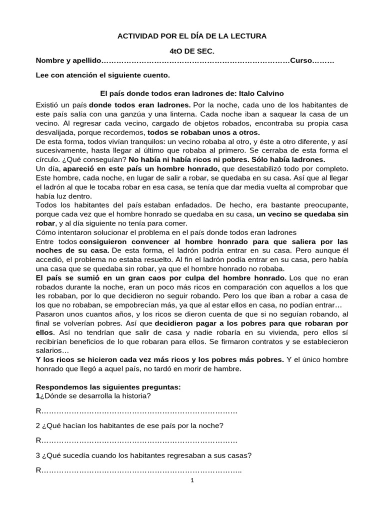 Actividad Por El Dia de La Lectura 4to de Sec Solo Preguntas | PDF