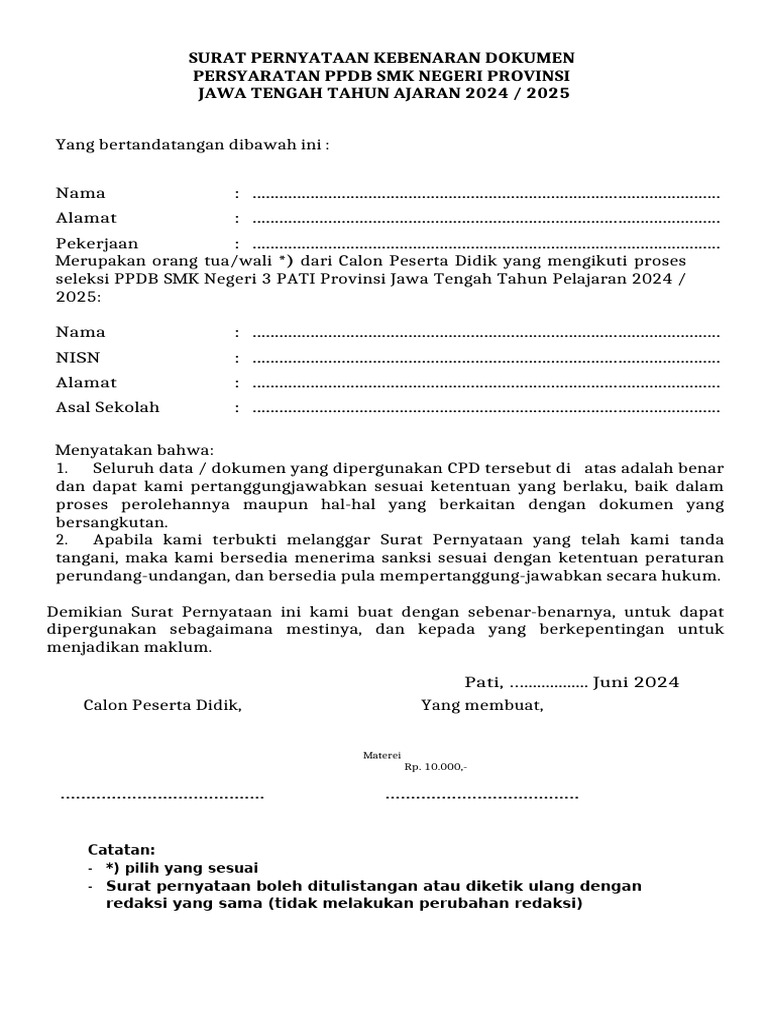 Contoh Pakta Integritas _ Surat Pernyataan Kebenaran Dokumen Persyaratan Ppdb Smk Negeri ...