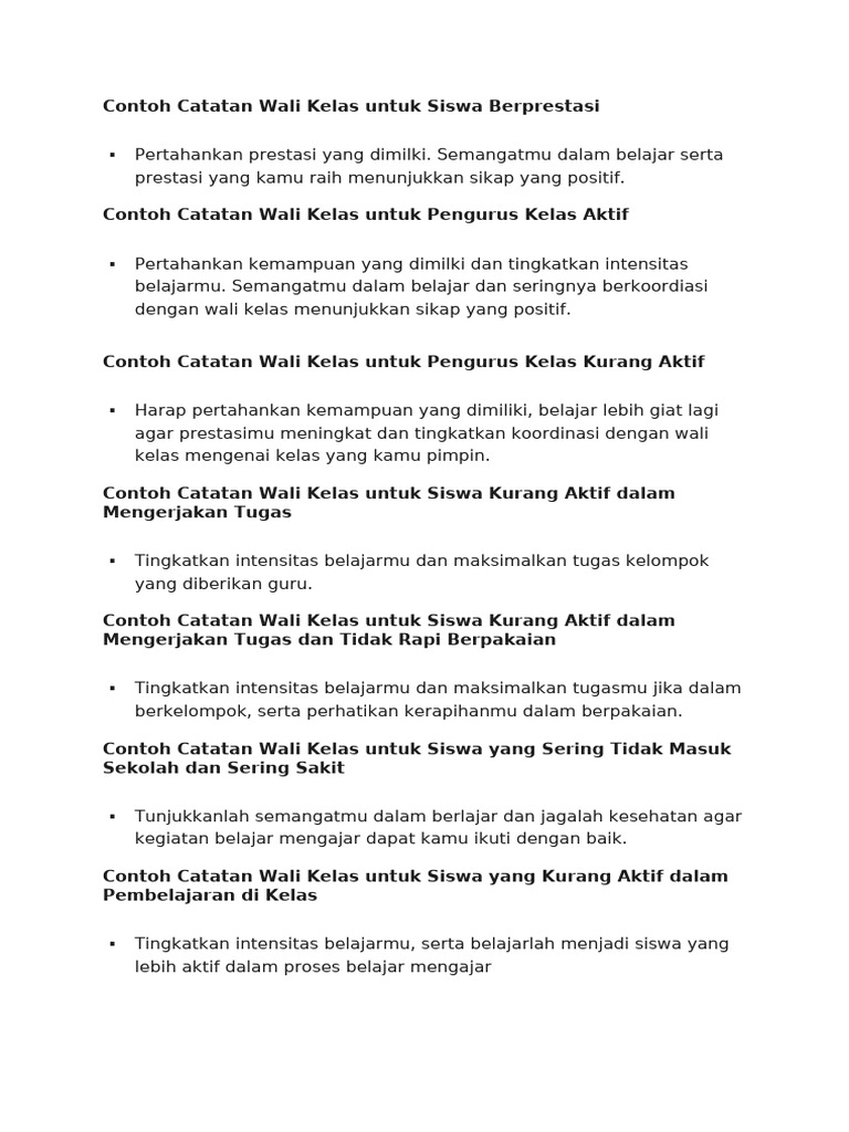 Contoh Catatan Wali Kelas | PDF