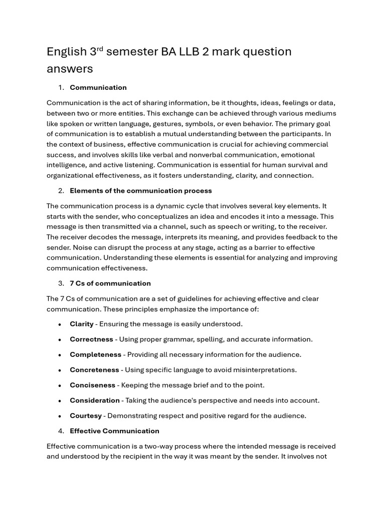 English 3rd Semester BA LLB 2 Mark Question Answers | PDF | English Language | Communication