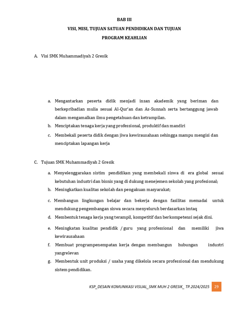 Bab 3 Visi, Misi, Tujuan Satuan Pendidikan Dan Tujuan Program Keahlian | PDF