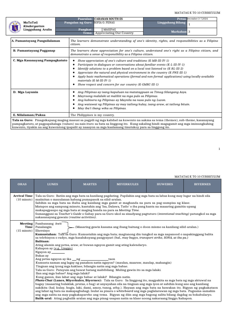 DLL Kindergarten Q3 W1 | PDF
