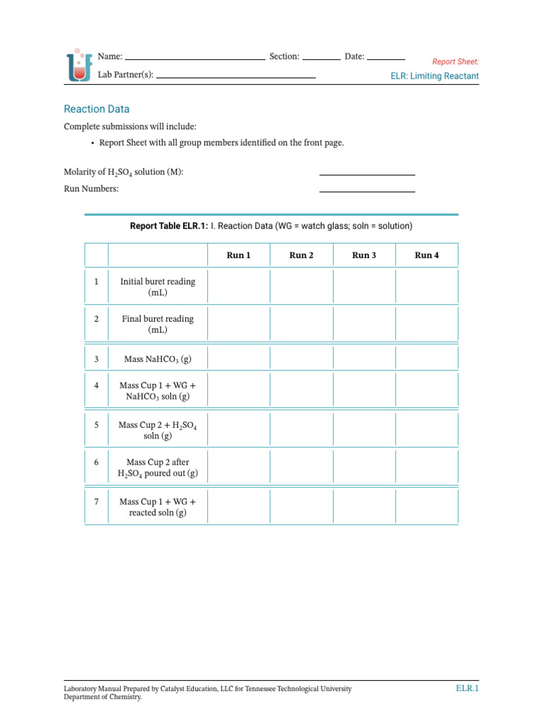 Reaction Data: Report Table ELR.1 | PDF | Mole (Unit) | Scientific Phenomena