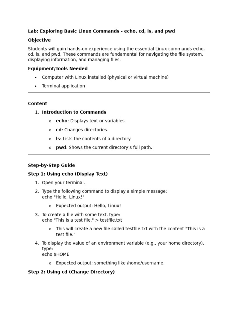 Lab echo, cd, ls, and pwd | PDF | Computer File | File Transfer Protocol
