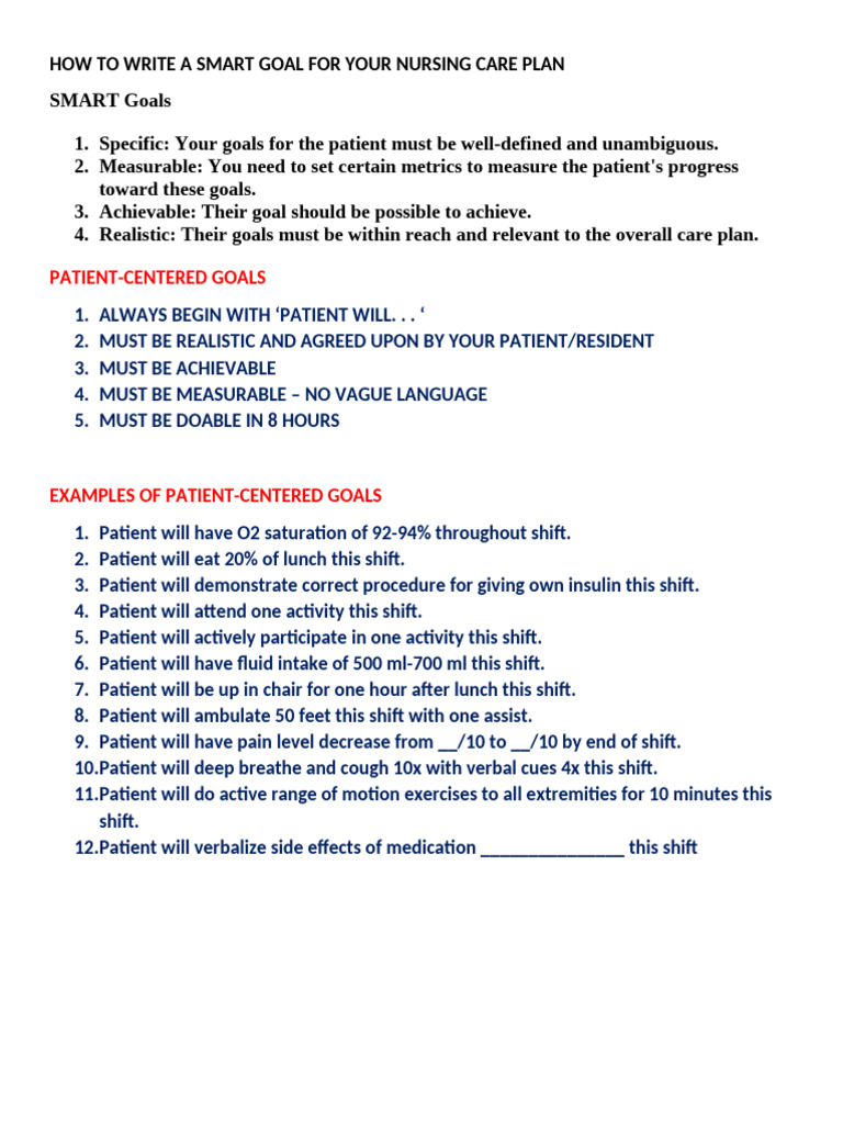 SMART Goals for Nursing Care Plans | PDF