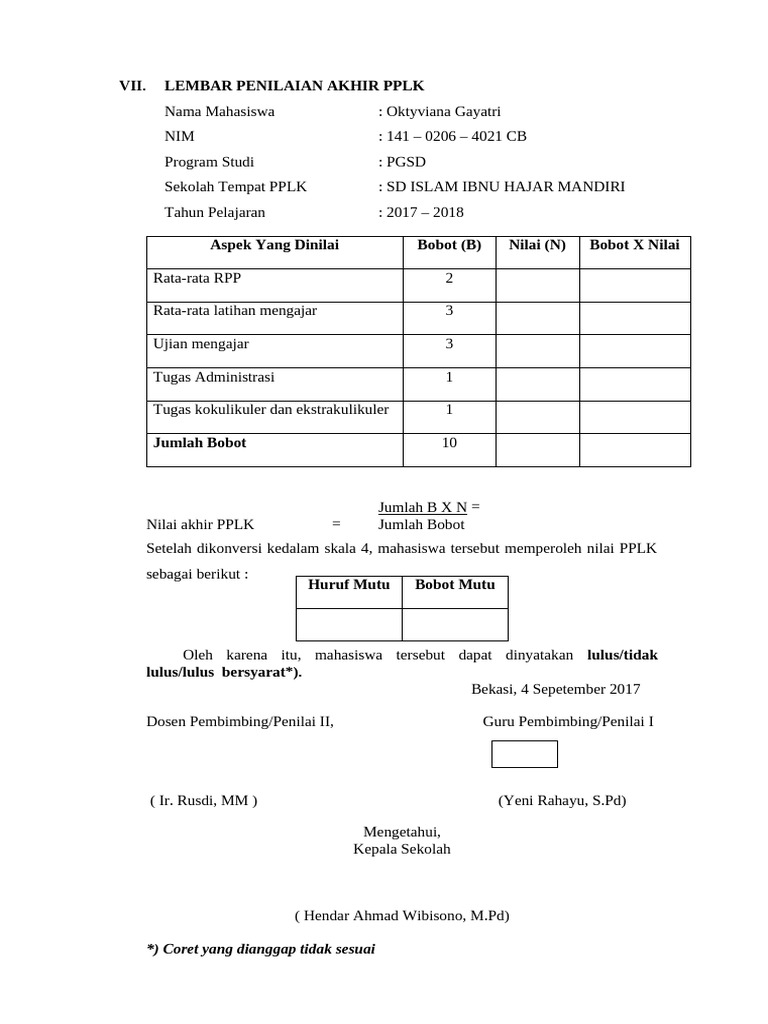 Lembar Penilaian Akhir Pplk | PDF