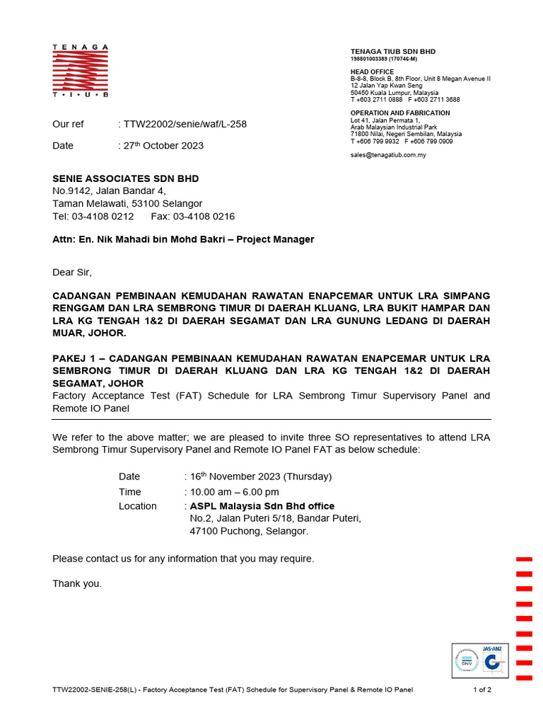 TTW22002-SENIE-258 (L) - Factory Acceptance Test (FAT) Schedule For ...